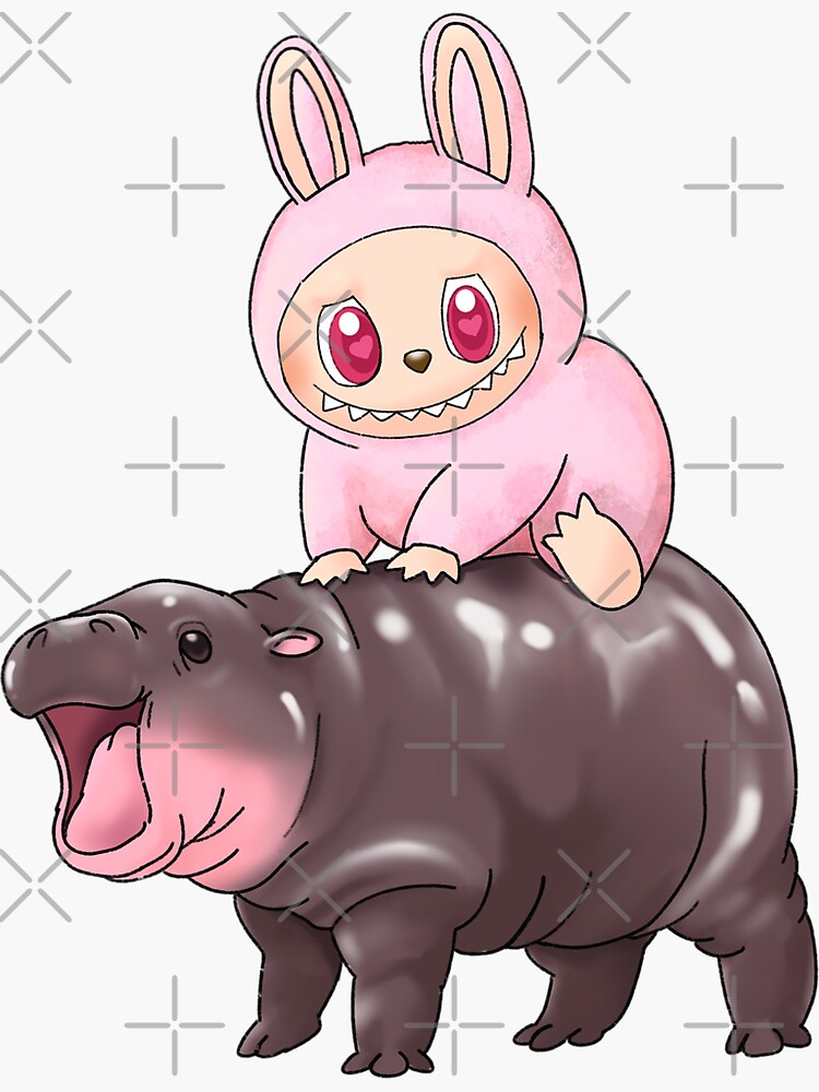 "Labubu Riding Moo Deng Macaron Pink Dada Cute" Sticker for Sale by ...