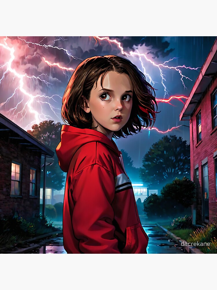 "Eleven from Stranger Things in a red storm" Sticker by dacrekane ...