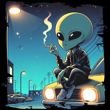 "Alien Chilling with a Cigarette on a Car Cartoon Art" Sticker for Sale ...