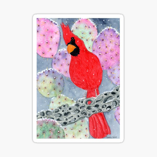 "Cardinal on Snowy Prickly Pear Cactus" Sticker for Sale by Lanine ...