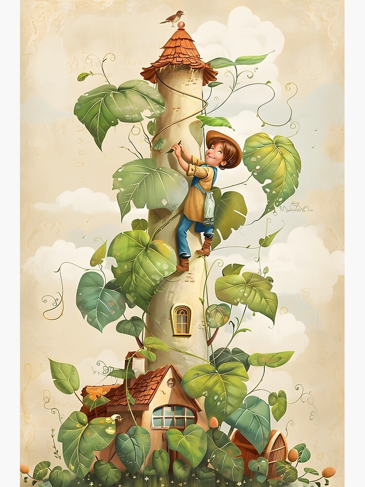 "Boy climbing a tall beanstalk toward a cozy small house" Greeting Card ...