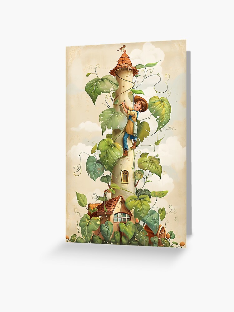 "Boy climbing a tall beanstalk toward a cozy small house" Greeting Card ...
