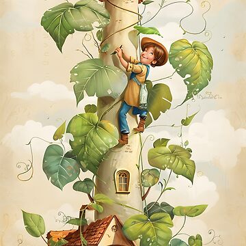 "Boy climbing a tall beanstalk toward a cozy small house" Greeting Card ...