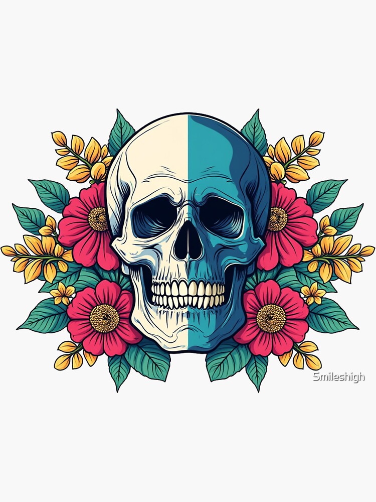 "Two Tone Skull and Flowers" Sticker for Sale by Smileshigh | Redbubble