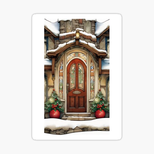 "Stone & Stucco Christmas House with Stained Glass Door and Holly ...