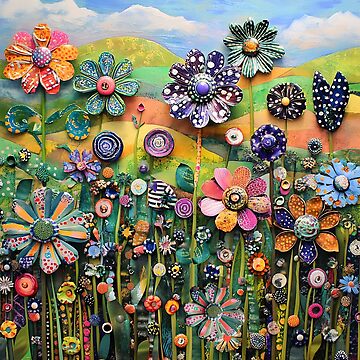 "Floral Patchwork Collage, Wildflower Garden on the Hill" Poster for ...