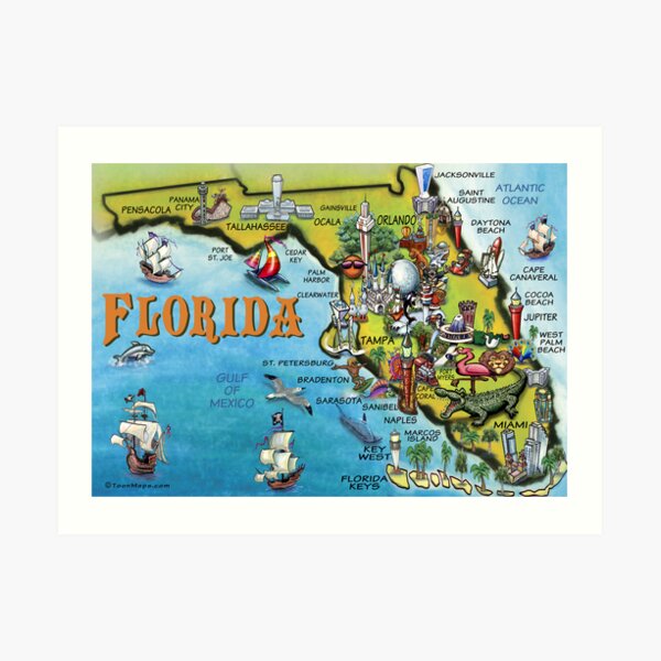 "Cartoon Map of Florida" Art Print for Sale by Kevin Middleton | Redbubble