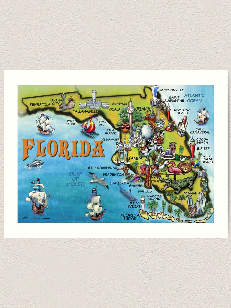 "Cartoon Map of Florida" Art Print for Sale by Kevin Middleton | Redbubble