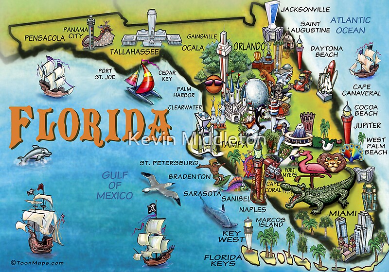 "Cartoon Map of Florida" by Kevin Middleton | Redbubble