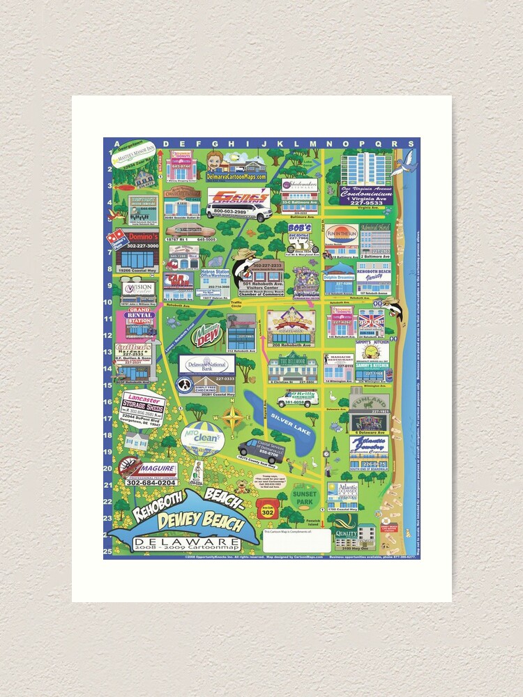 "Rehoboth & Dewey Beaches, Delaware - Cartoon Map" Art Print for Sale ...