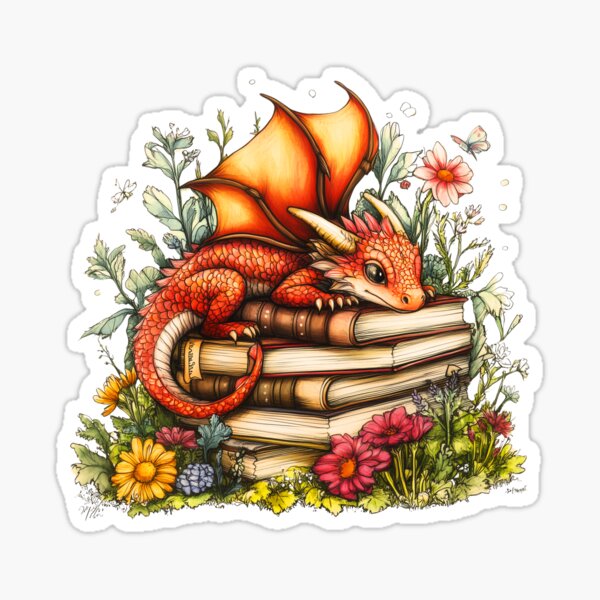 "Cute Red Dragon Flowers And Books" Sticker for Sale by TheAnimalZ00 ...