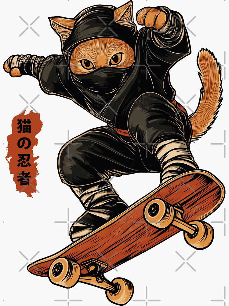 "Ninja Cat Skater on Retro Japanese Skateboard" Sticker by OrenjiArt11 ...