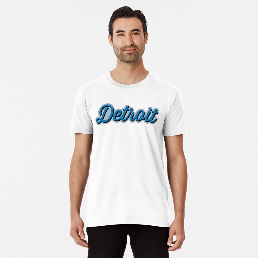 "Detroit Football in Cursive, Honolulu Blue, Silver, and Black" Sticker ...