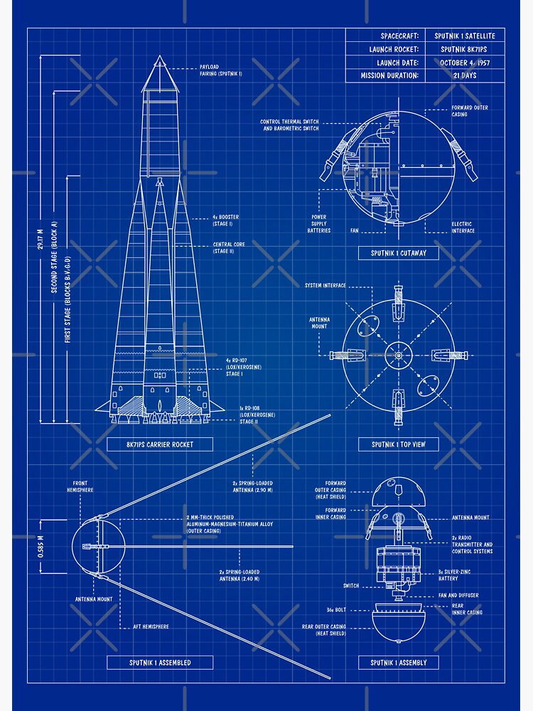 "Sputnik 1 (Blueprint) Vertical" Sticker for Sale by BGALAXY | Redbubble