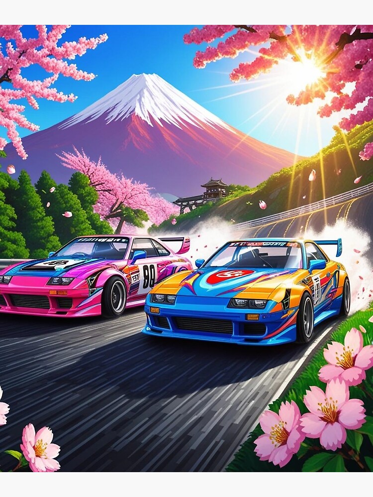 "JDM, Car, race, Japan, 80s pixel quality video game, Drift, Cherry Blossoms, Mt Fuji, Amazing ...