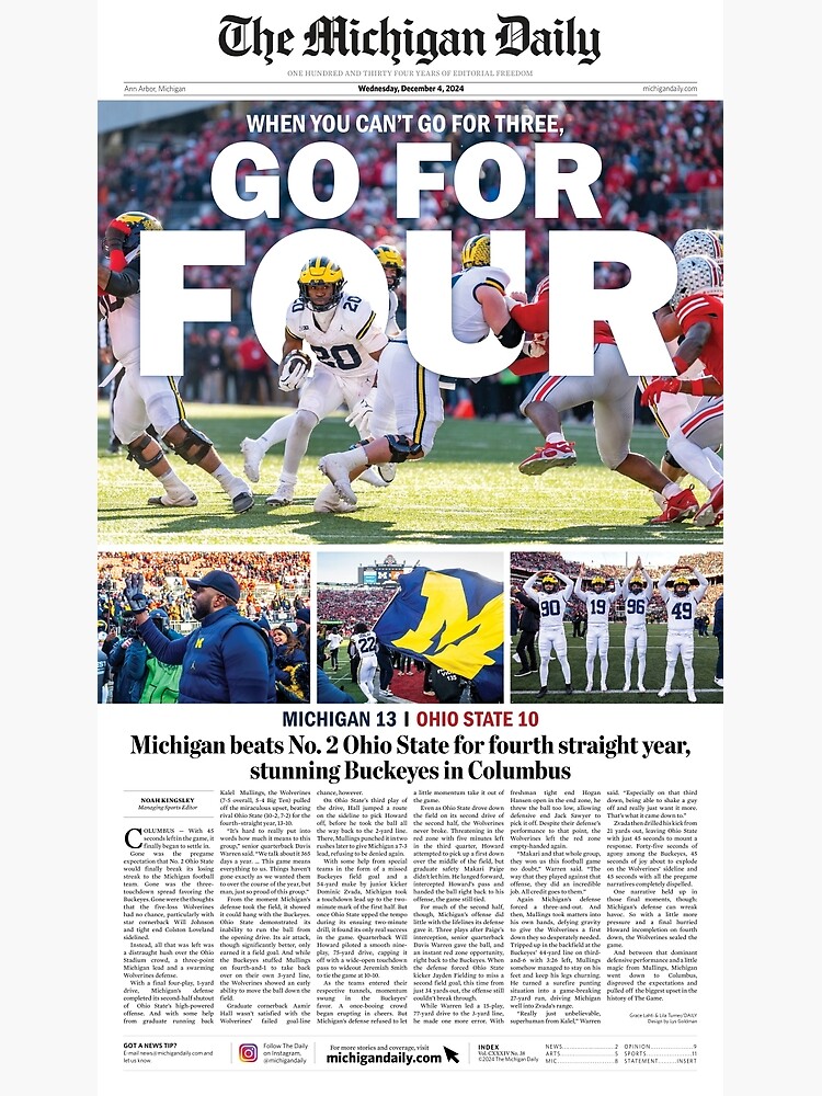 "The Michigan Daily Front Cover 12/4/24 (Go For Four)" Poster for Sale ...