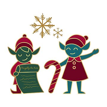 "Naughty or Nice Elves Holiday Fun Design Gold Red" Sticker for Sale by ...
