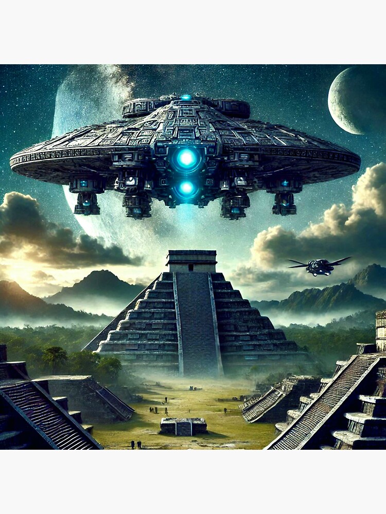 "Spaceship above ancient mayan pyramids" Sticker for Sale by ...