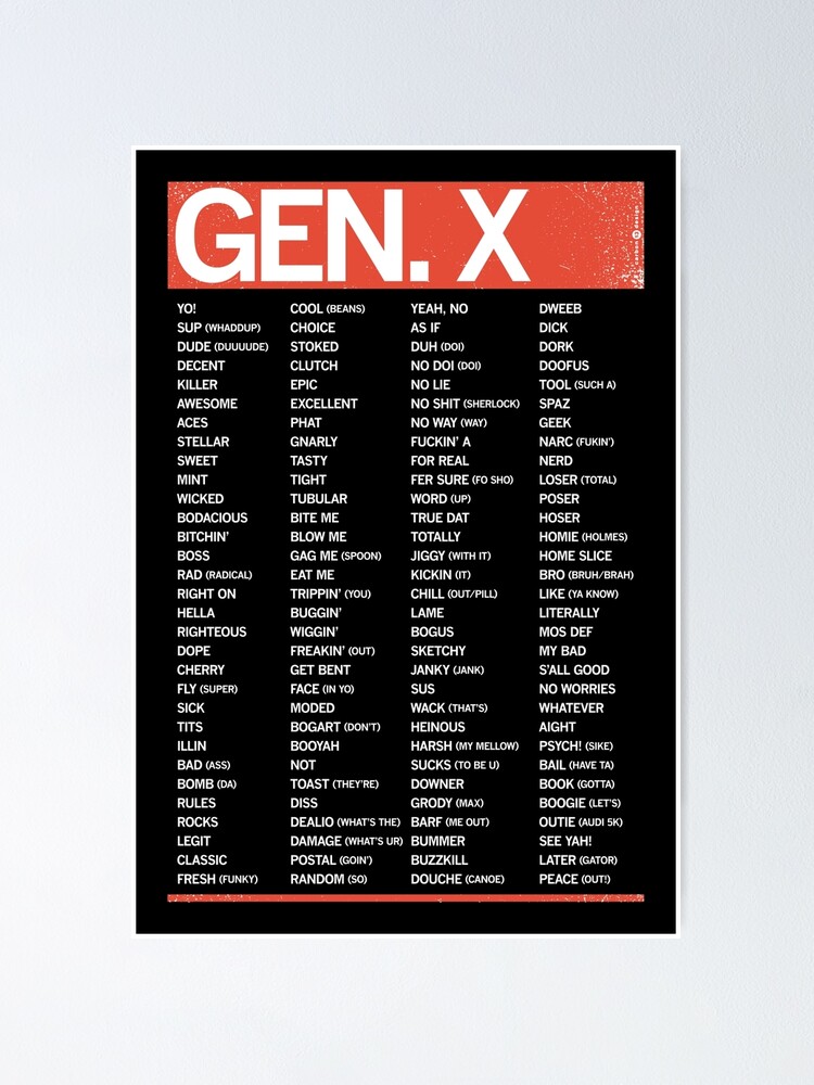 "GEN-X - SLANG GUIDE" Poster for Sale by Carbon13Design | Redbubble