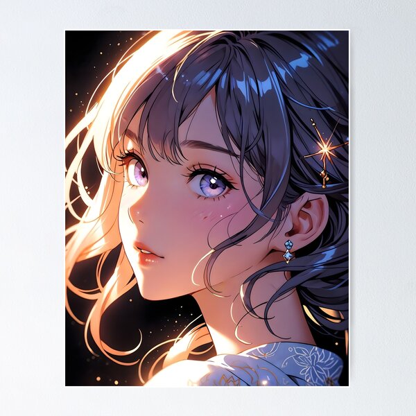 "Radiant Anime Girl in Starlit Glow - Elegant Digital Art" Poster for ...