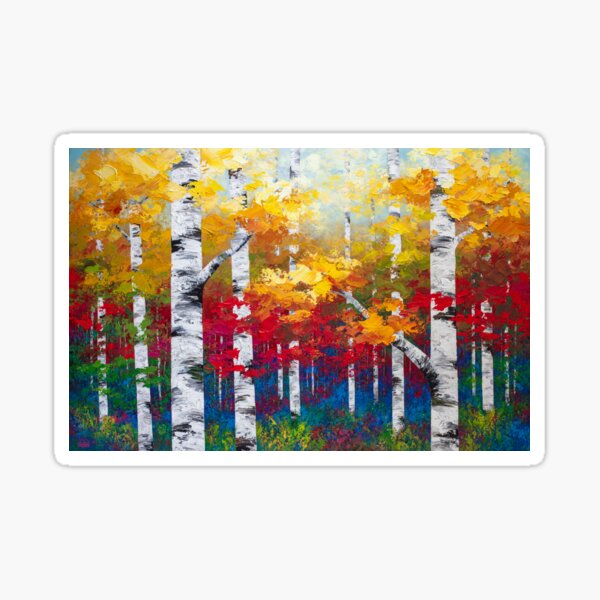 "'Autumn Everlast' Aspen Birch Tree Landscape Painting" Sticker for ...