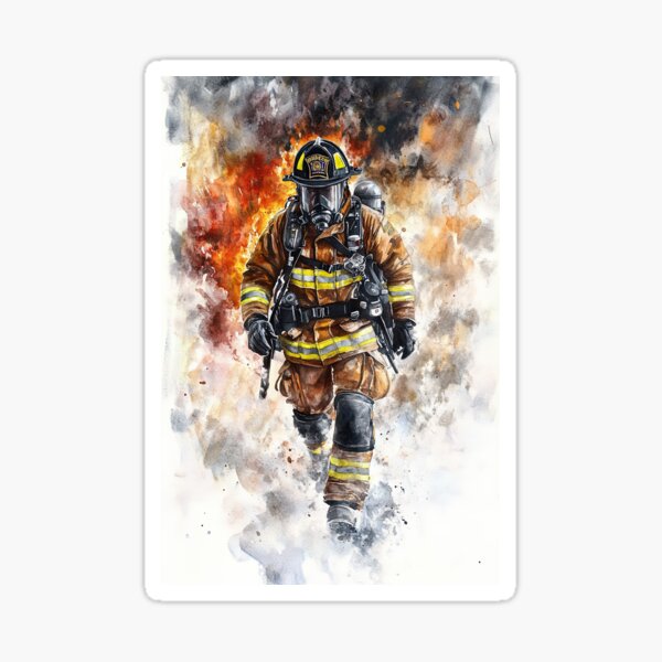 "Watercolor firefighter portrait in full combat uniform" Sticker for ...