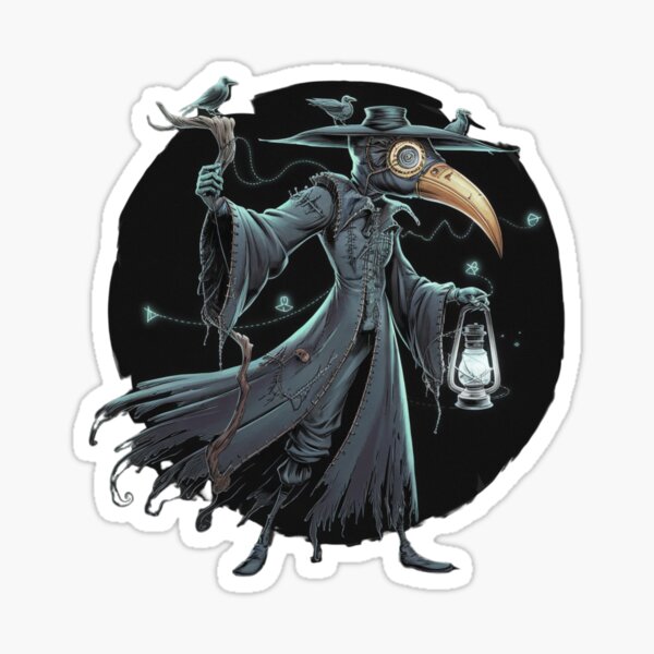 "Eerie Gothic Plague Doctor Illustration with Glowing Lantern" Sticker ...
