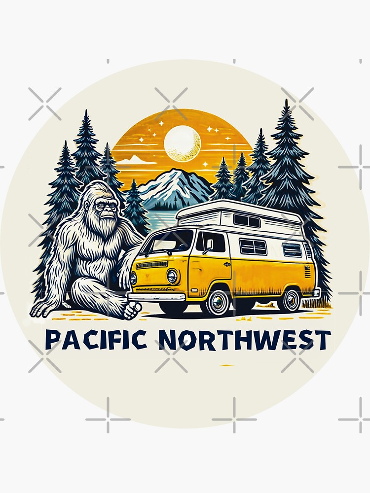 "Pacific Northwest Travel with Bigfoot and Camper Van" Sticker for Sale ...