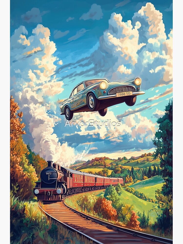 "The Crazy Blue Flying Car and the Train" Poster by ArvorStudios ...