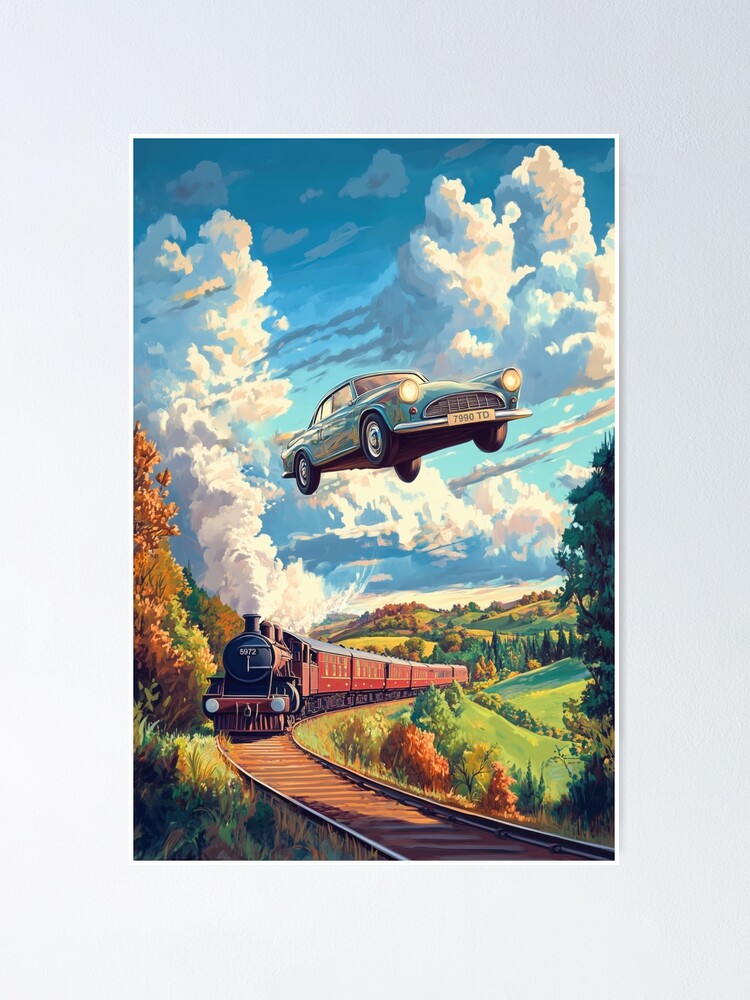 "The Crazy Blue Flying Car and the Train" Poster by ArvorStudios ...