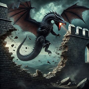 "Dragon Destroying Castle Dark Fantasy Wings Mythical Throne Dungeon ...