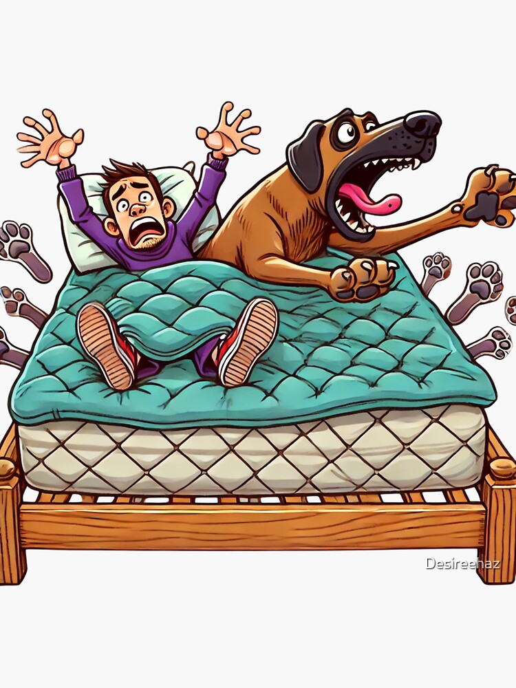 "Dog Takes Over the Bed: Funny Cartoon Design" Sticker for Sale by ...