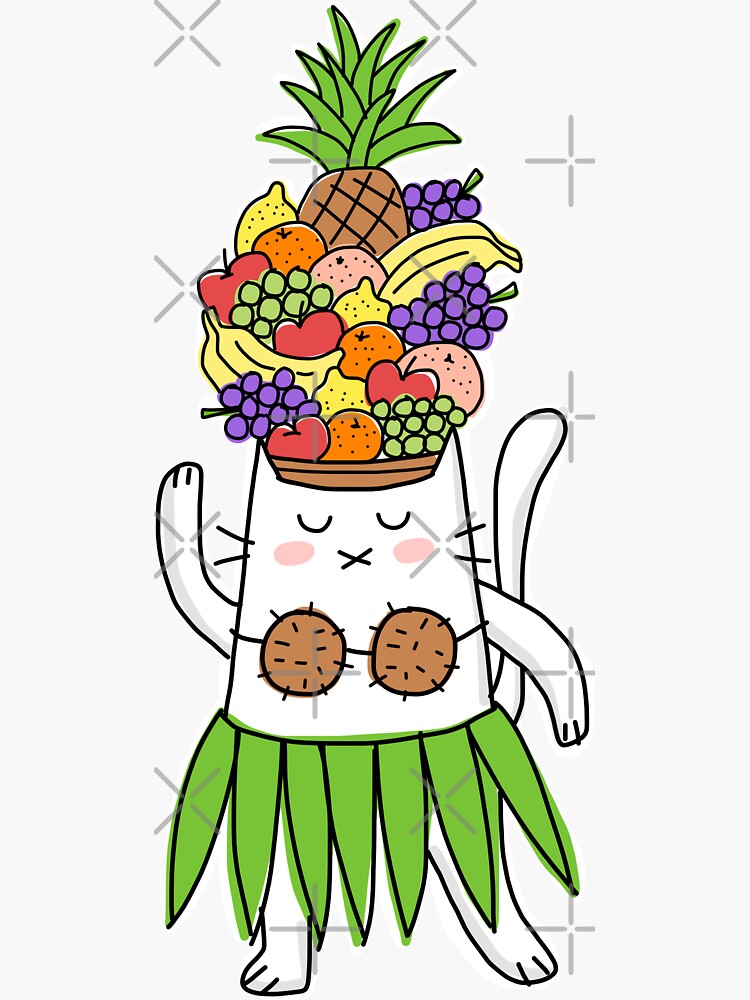"Hawaiian Dancer Cat With Tropical Fruit Hat" Sticker for Sale by ...