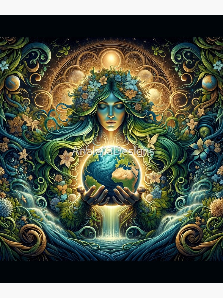 "Waterfall Mother Earth Gaia Art Vibrant Nature Goddess with Flowers ...