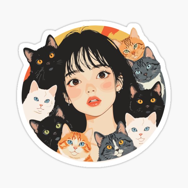 "Selfie of girl with cats" Sticker for Sale by Ichi-100 | Redbubble