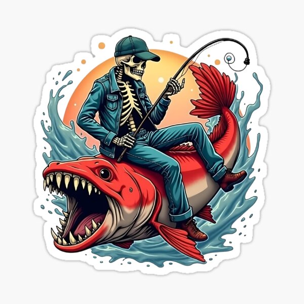 "Red Monster Fish and Skeleton Rider Design " Sticker for Sale by ...