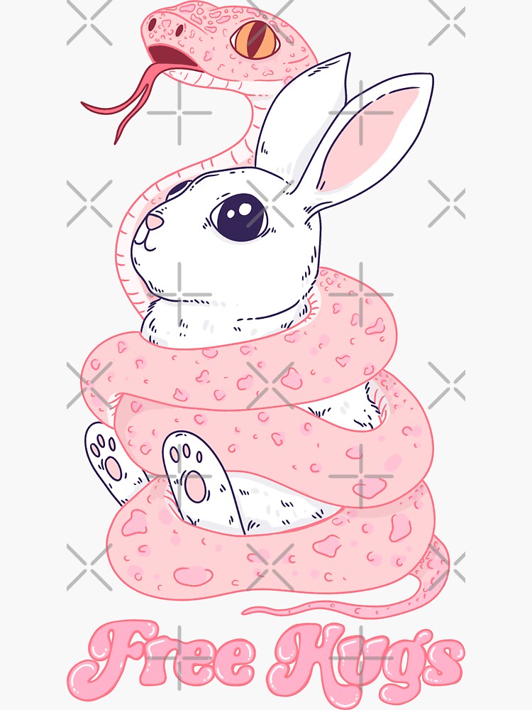 "Free Hugs - Cute Pink Snake and Bunny Funny Design" Sticker for Sale ...