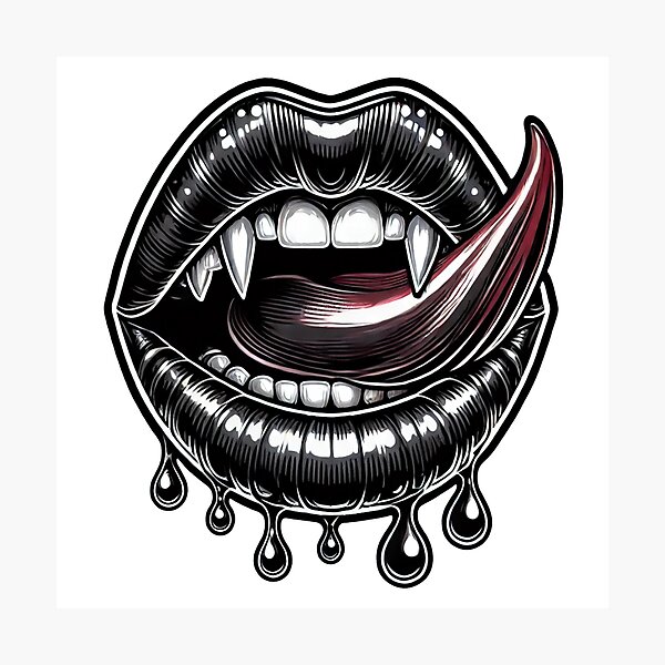 "Nosferatu Vampire Fangs Dripping Ink - Gothic Pop Art Style Lips with ...