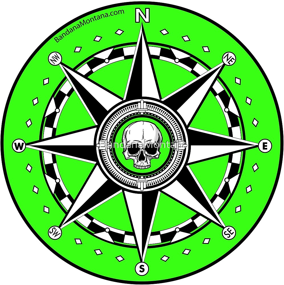 "Compass Rose with Skull Center - Fluorescent Green" by BandanaMontana ...
