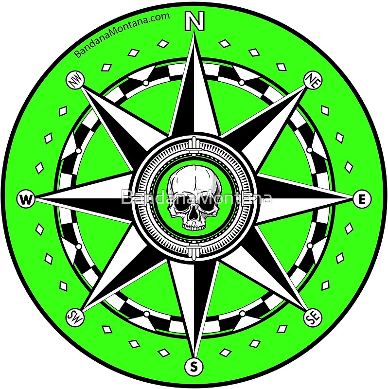 "Compass Rose with Skull Center - Fluorescent Green" by BandanaMontana ...