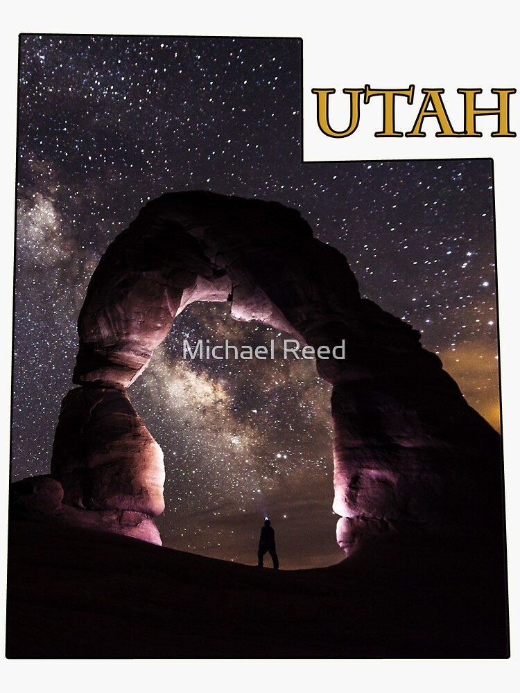 " Utah State Outline - Delicate Arch in Arches National Park" Sticker ...