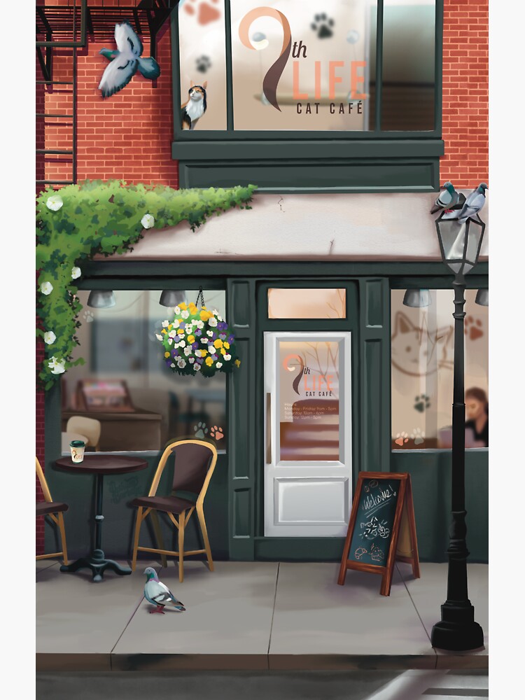 "Cat Café Storefront" Sticker for Sale by shrimpydoodles | Redbubble