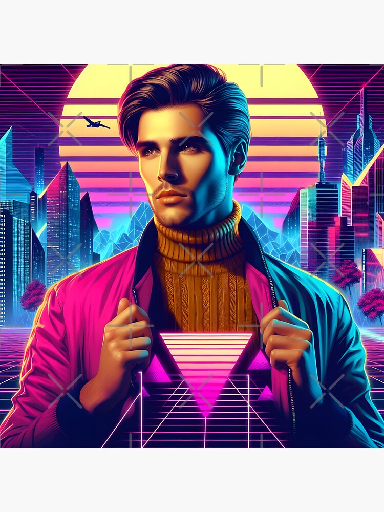"Man in Vibrant Neon Synthwave Futuristic Cyberpunk Cityscape" Sticker ...