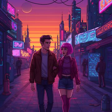 "Romantic Animated Couple in Synthwave Cyberpunk City Sunset" Sticker ...