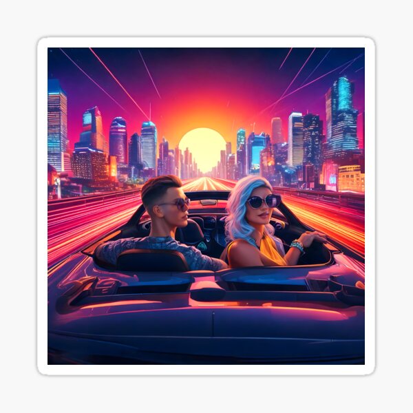 "Stylish Couple Driving in Synthwave City Skyline Sunset" Sticker for ...