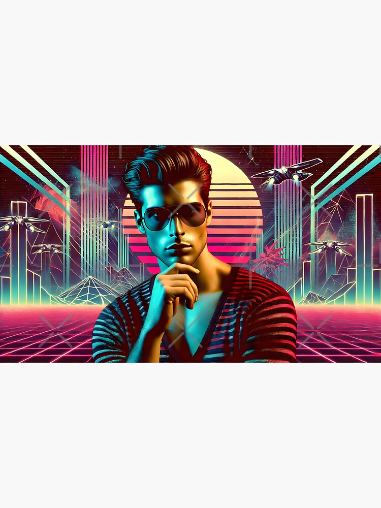 "Stylish Man with Futuristic Neon Cyberpunk Synthwave Skyline" Sticker ...