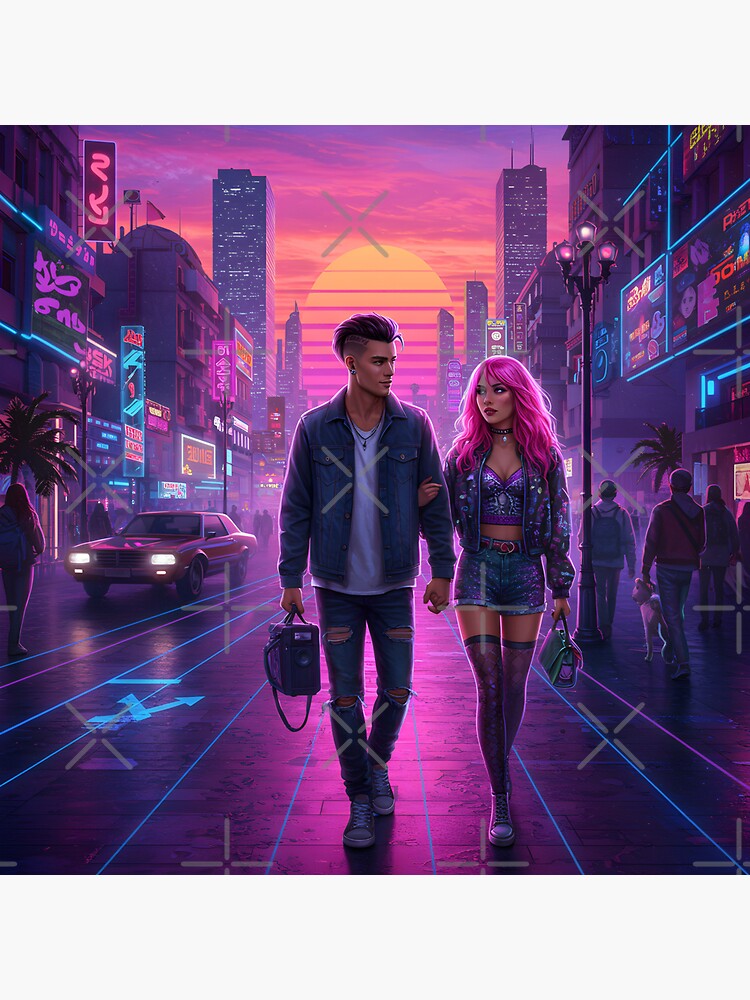 "Romantic Couple in Neon Synthwave Cyberpunk Downtown 4" Sticker for ...