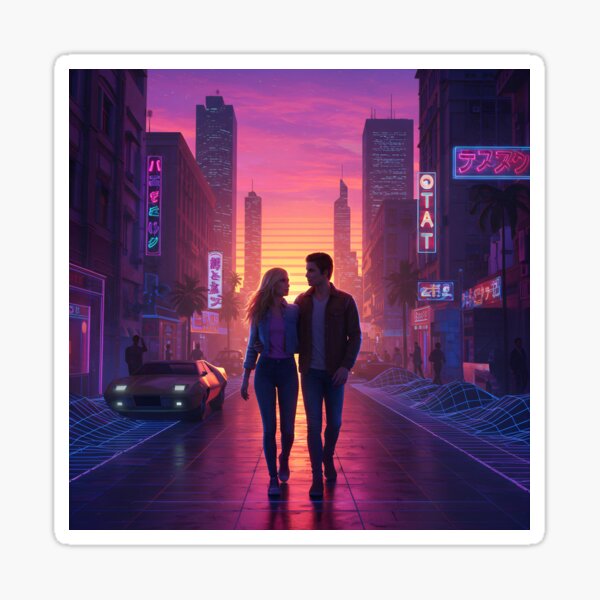 "Romantic Couple in Neon Synthwave Cyberpunk Downtown 2" Sticker for ...