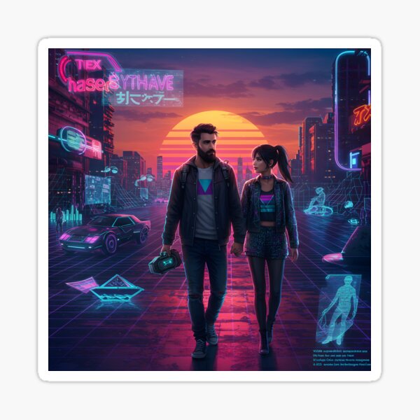 "Romantic Couple in Neon Synthwave Cyberpunk Downtown 3" Sticker for ...