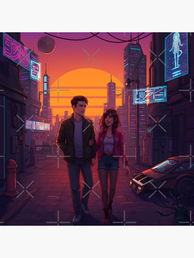 "Romantic Animated Couple in Synthwave Cyberpunk City 4" Sticker for ...